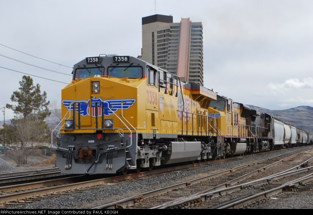 UP 7358 waits for her crew to roll west through Donner Pass to Roseville, Ca.
